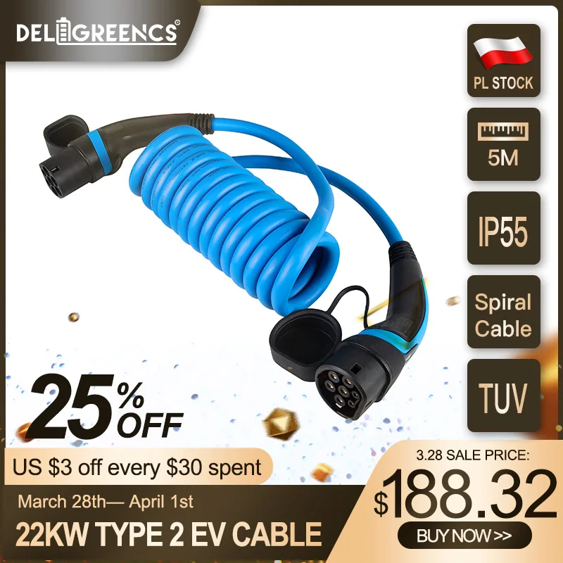 32A 22KW Type 2 to Type 2 EV Charging Cable IEC 62196 2 EV Charger Type ...