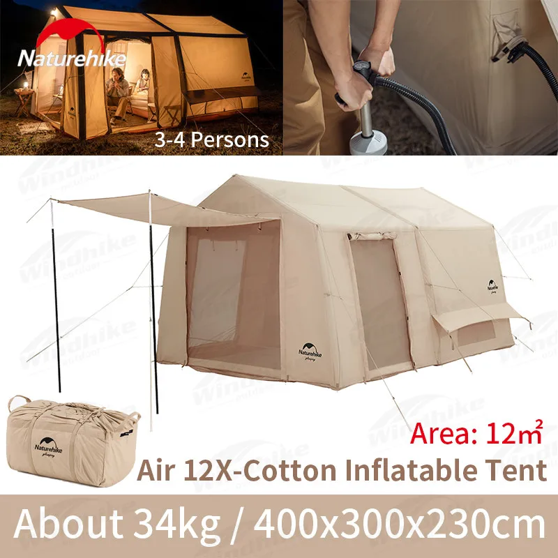 Naturehike コットンインフレータブルテント12x,キャンプ用,3〜4人,12㎡,大容量,3ドア,ファミリーハイキング,エアポンプ付き| | - AliExpress
