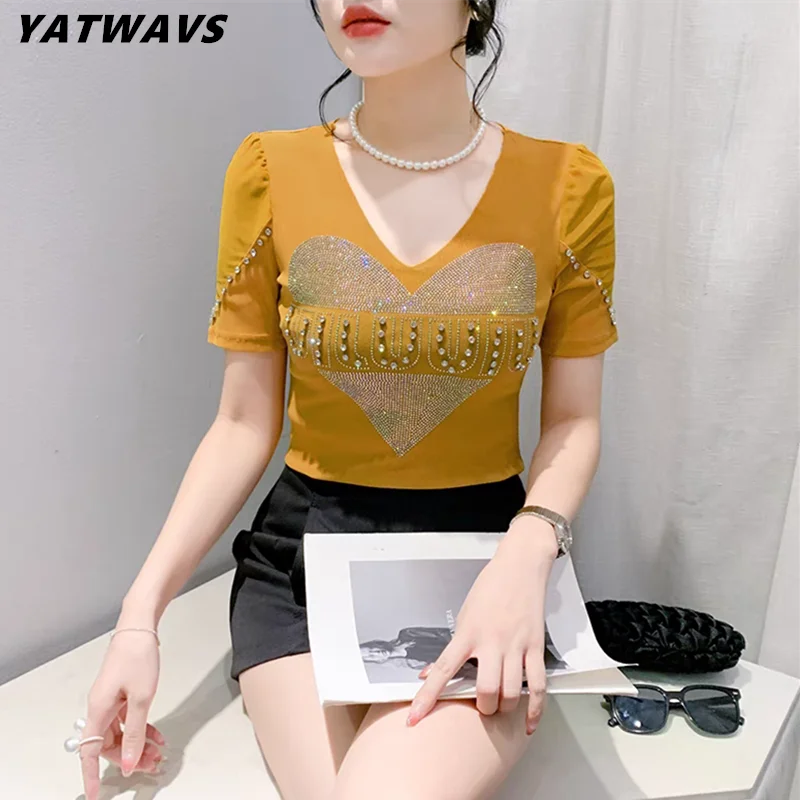New Fashion Summer Girl Love Heart Shiny Diamonds T-shirt Chic Sexy ...