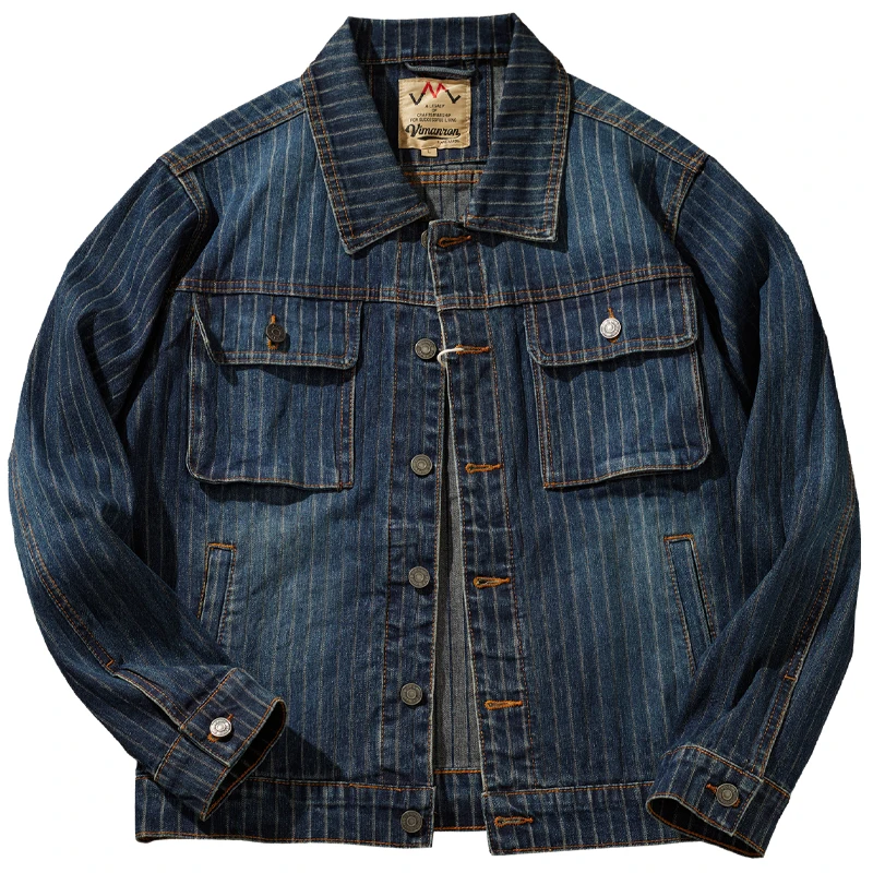 Washed denim jacket men's high street workwear old striped denim jacket ...