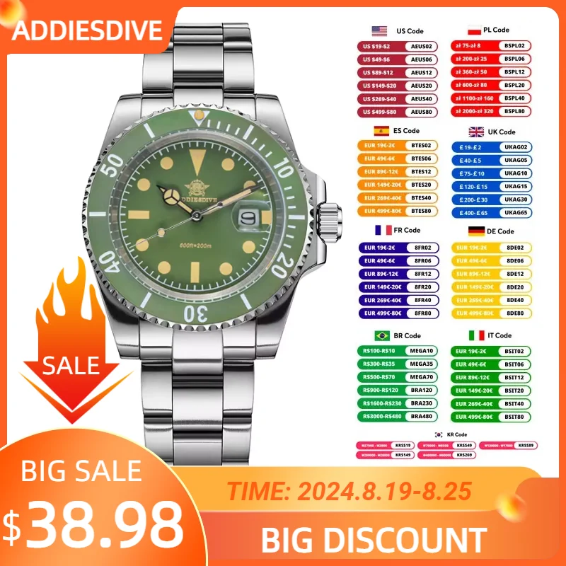 ADDIESDIVE-Green-Blue-Black-Dial-Men-Watches-Stainless-Steel-C3 ...