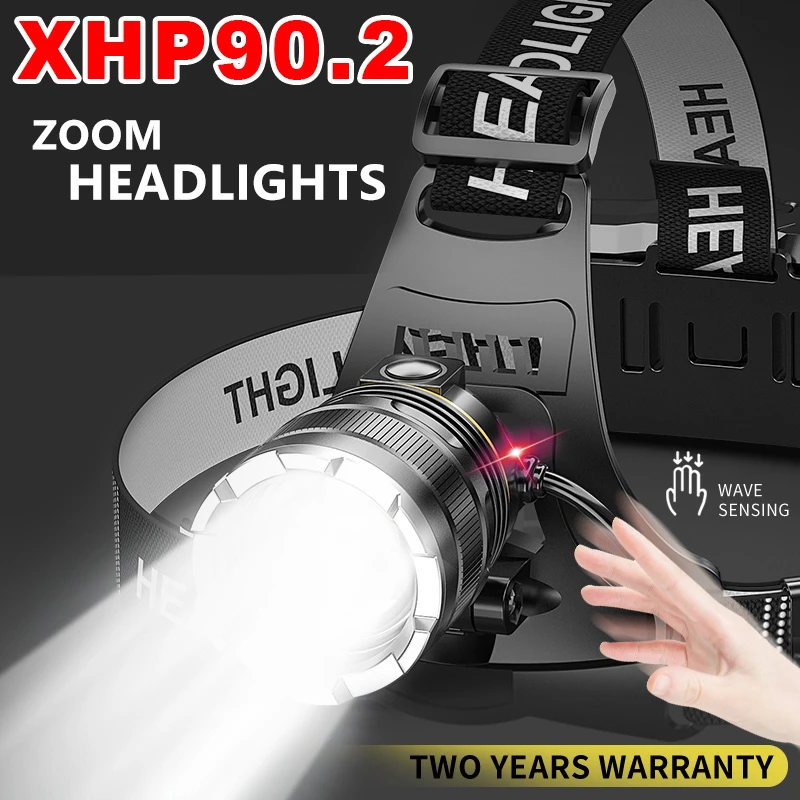 LED 업그레이드 헤드램프 센서 XHP90 낚시 헤드라이트 2x18650 배터리 손전등 USB 충전식 헤드라이트 토치 랜턴 ...