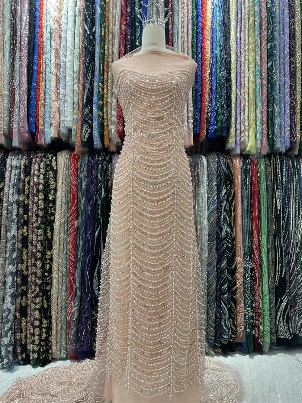 High-End-New-Embossed-Net-Lace-Beads-Sequins-Fabric-Party-Evening-Dress ...