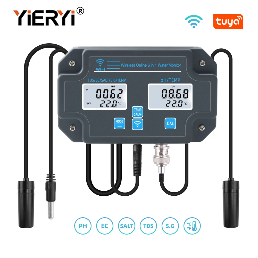 Yieryi Smart WIFI Aquarium Seawater Salinity Water Quality Meter PH EC ...