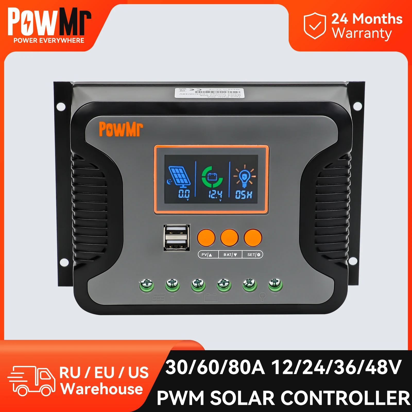 Powmr Solar Battery Regulator 30/60/80a Pwm Charge Controller 12/24/36/48v Timing & Light Dual ...