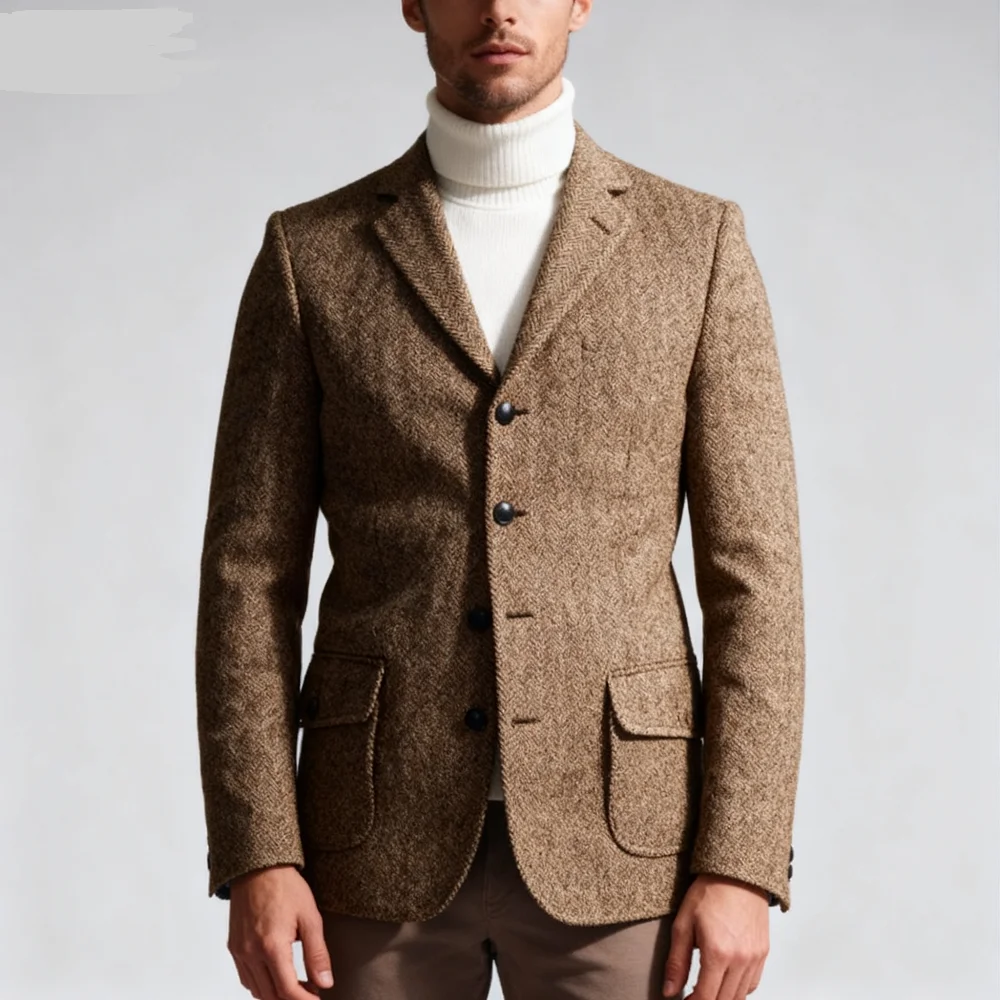 Men's Brown Fishbone Tweed Blazer Suit Single Breasted Two-Button ...