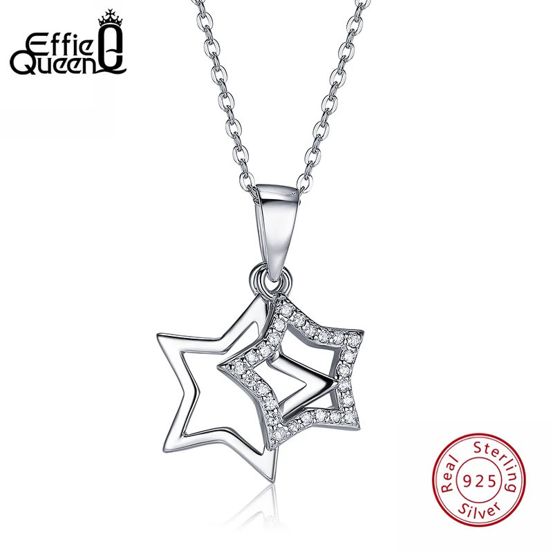 EFFIE QUEEN Real 925 Sterling Silver Star Pendant Necklace Double Stars ...