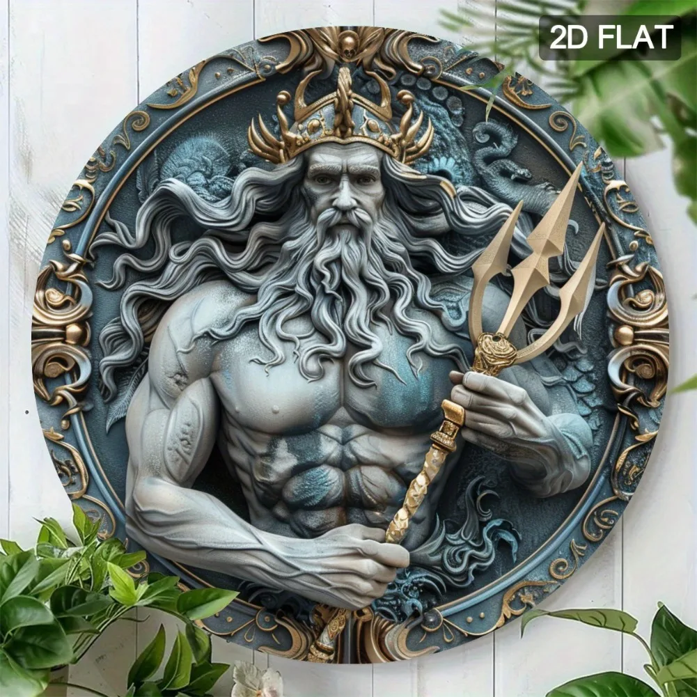 2D Flat, 1pc 2D Flat Poseidon Statue Round Metal Wall Art, 7.8x7.8 Inch ...