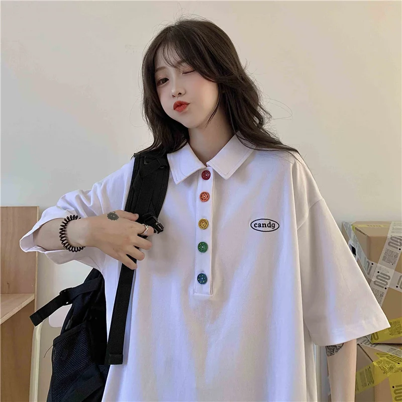프레피 스타일 폴로 티셔츠 다채로운 버튼 카와이 화이트 폴로 탑 여성 반팔 탑 하라주쿠 여름 느슨한 빈티지 티셔츠