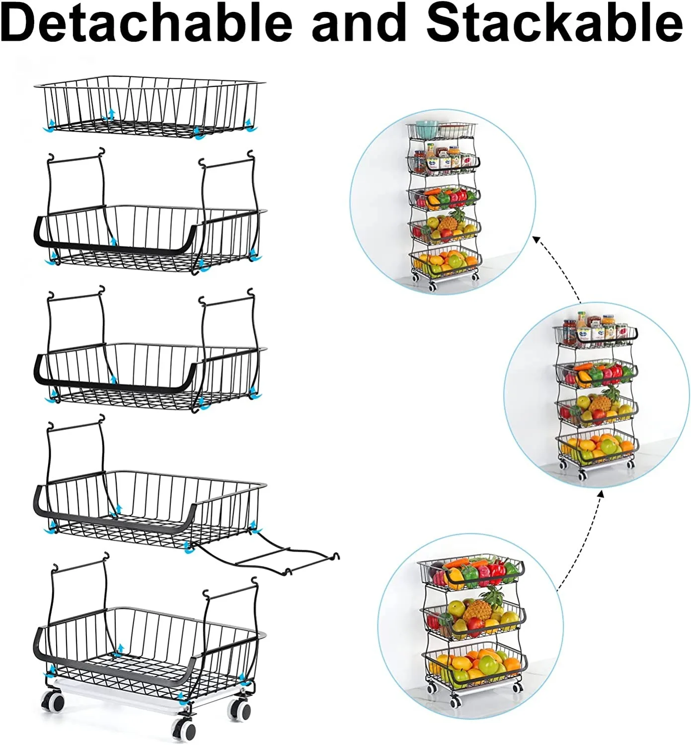 5 Tier Hanging Fruit Basket Stand, Stacakble Produce Storage Carts on ...