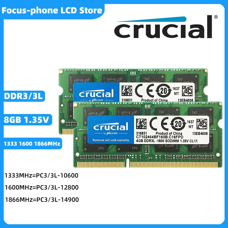 Crucial memoria RAM DDR3 DDR3L, 8GB, 1333MHz, 1600MHz, 1866MHz, SODIMM, PC 10600, 12800, 14900 ...