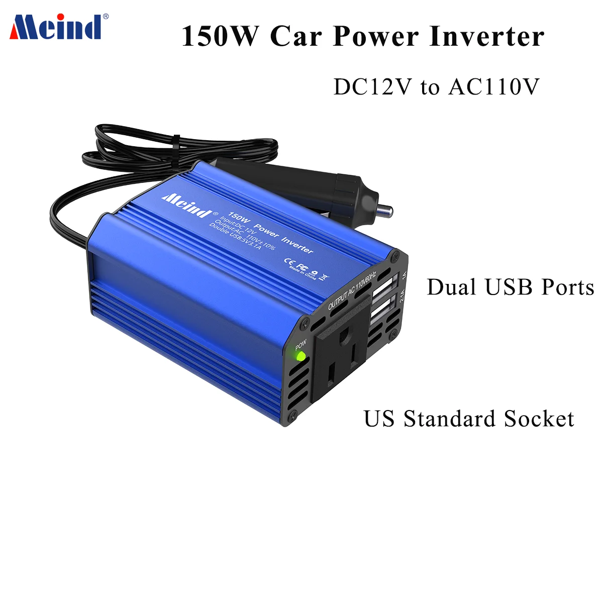 Meind 150w portable mini power inverter 12v to 110v with US socket and ...