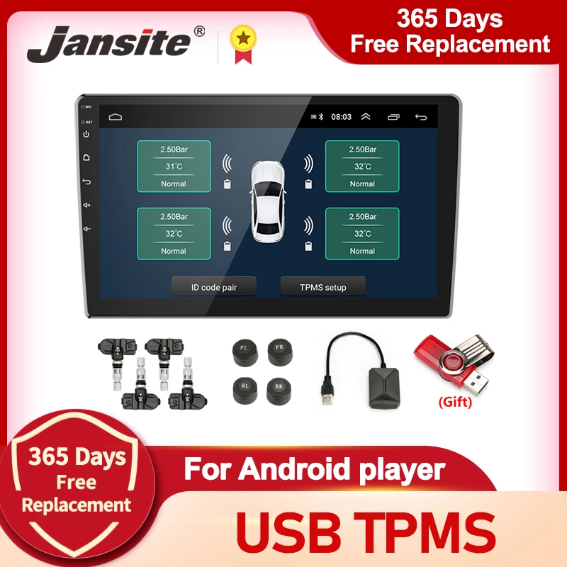 Jansite USB Android TPMS Car Tire Pressure Alarm Monitor System For ...