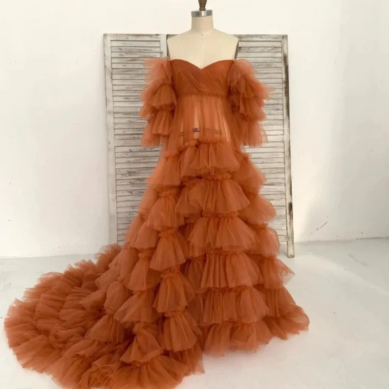 Sexy Auburn A Line Tulle Maternity Robes for Photo Shoot Tiered Ruffles ...