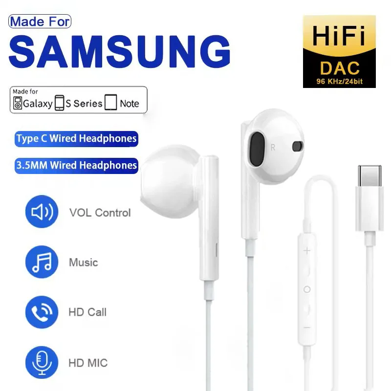 Type-C Wired Headphones For Samsung Galaxy S24 S23 S22 3.5mm in-Ear ...