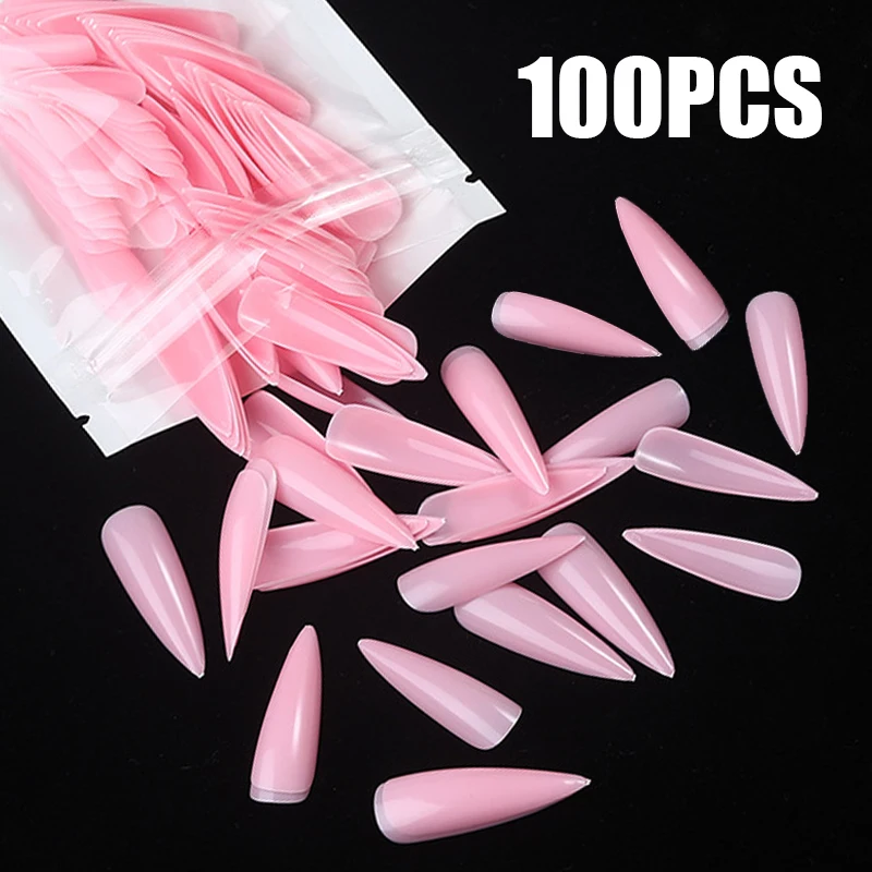 100PC-Full-Cover-Fake-Nails-Mixed-Color-Black-Red-Pink-Long-Stiletto ...