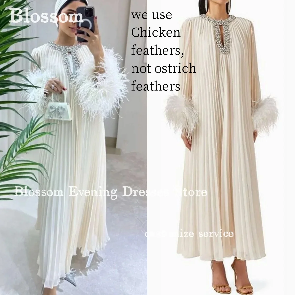 Beads-Pleated-Loose-Prom-Dresses-Long-Sleeves-Chicken-Feathers-Elegant ...