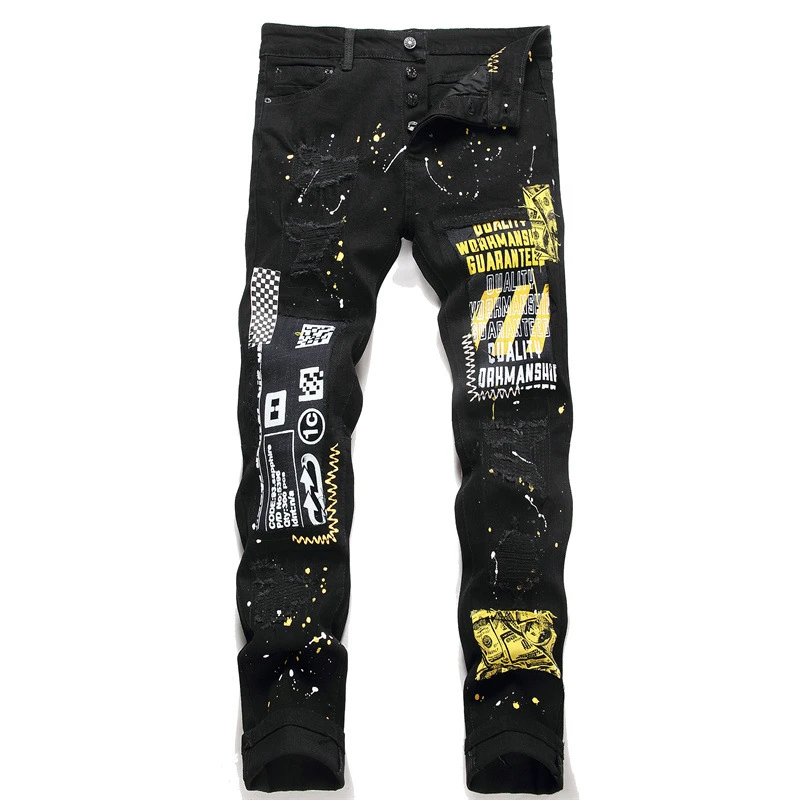 Spring-Autumn-Punk-Style-Men-s-Black-Jeans-Fashion-Ripped-Embroidery ...