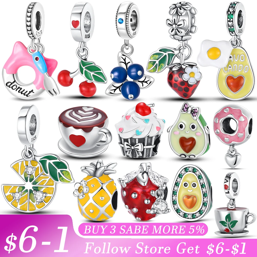925-Sterling-Silver-Avocado-fruit-Donut-coffee-strawberry-Fit-Pandora ...