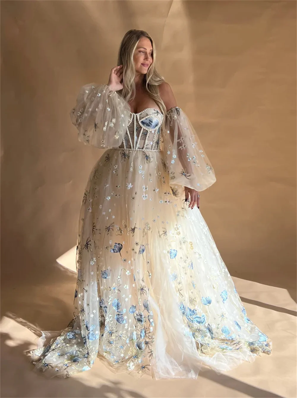 Amanda Princess Flower Lace A-line Wedding Dress Gorgeous Puffy Sleeve ...