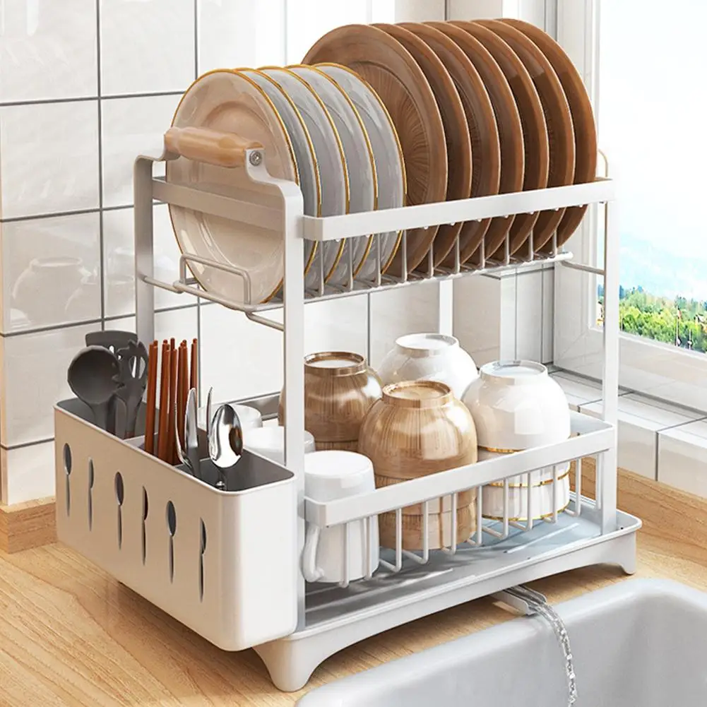 2-Tiers-Dish-Drainer-Glasses-Holder-Drying-Rack-with-Tray-Kitchen-Sink ...