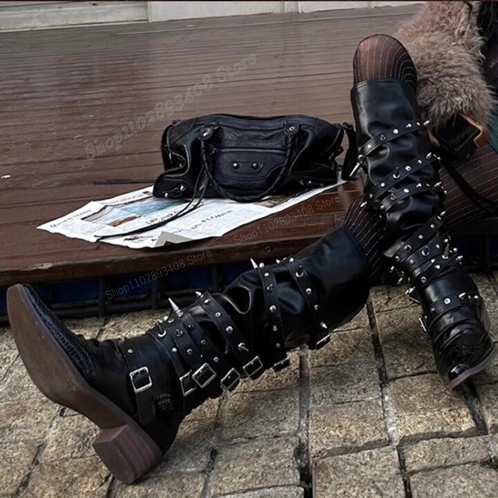 Rivet-Buckle-Belts-Decor-Knee-High-Boots-Western-Knight-Boots-Leather ...