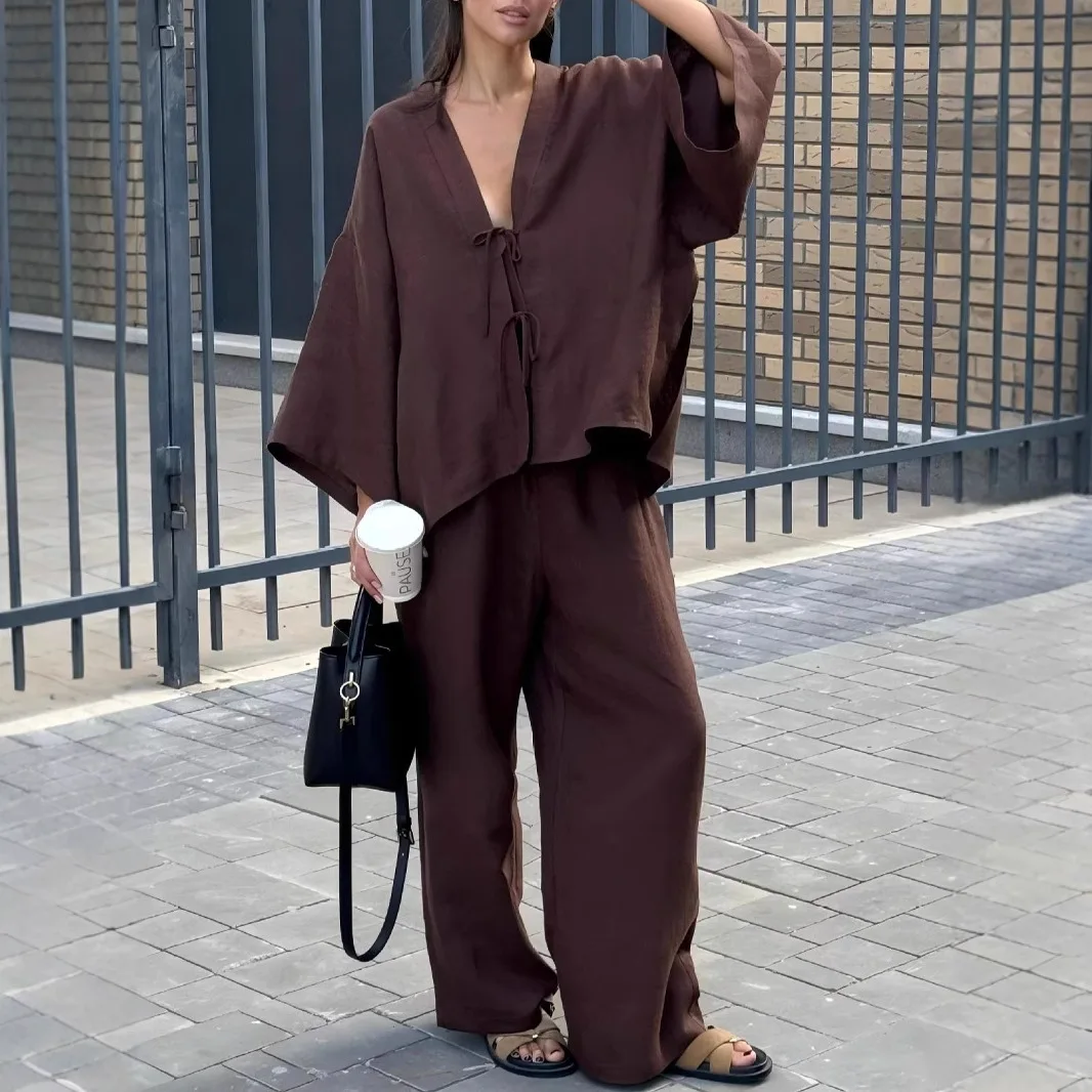 Summer Cotton Matching Sets 3/4 Sleeve V-Neck Blouse Casual Trousers 2 ...