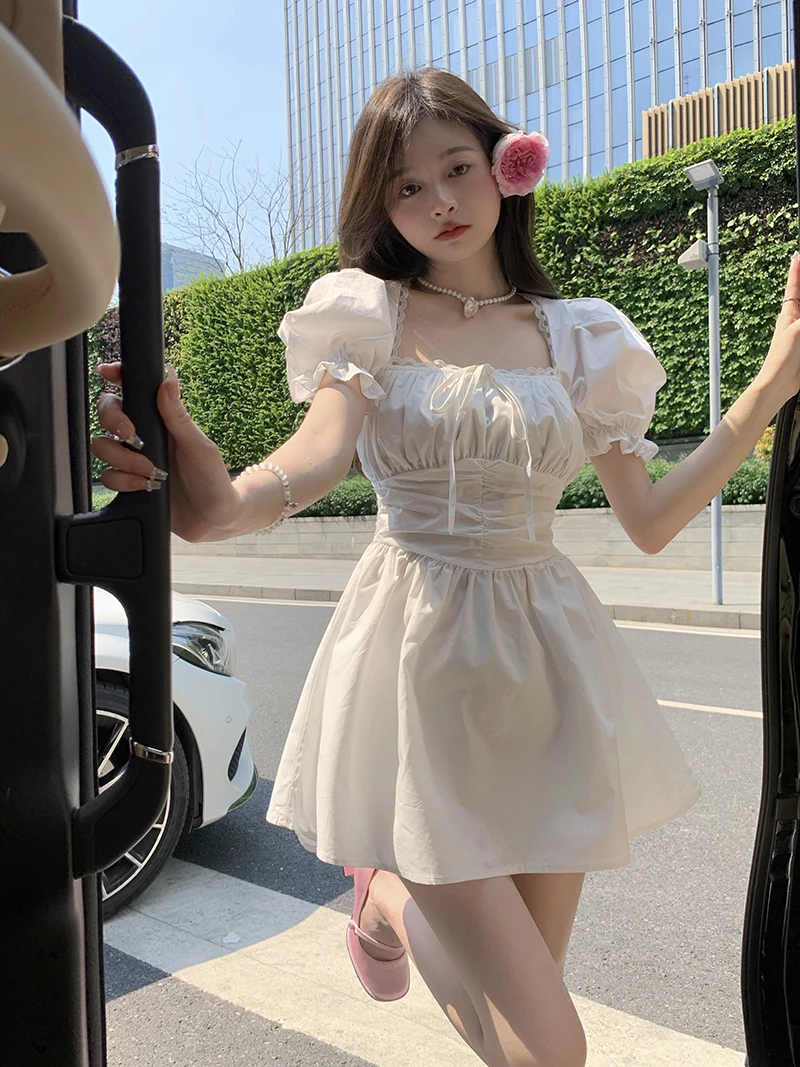 Women Summer Sexy Mini Dresses 2022 Korean Chic Square Collar Lace-up ...