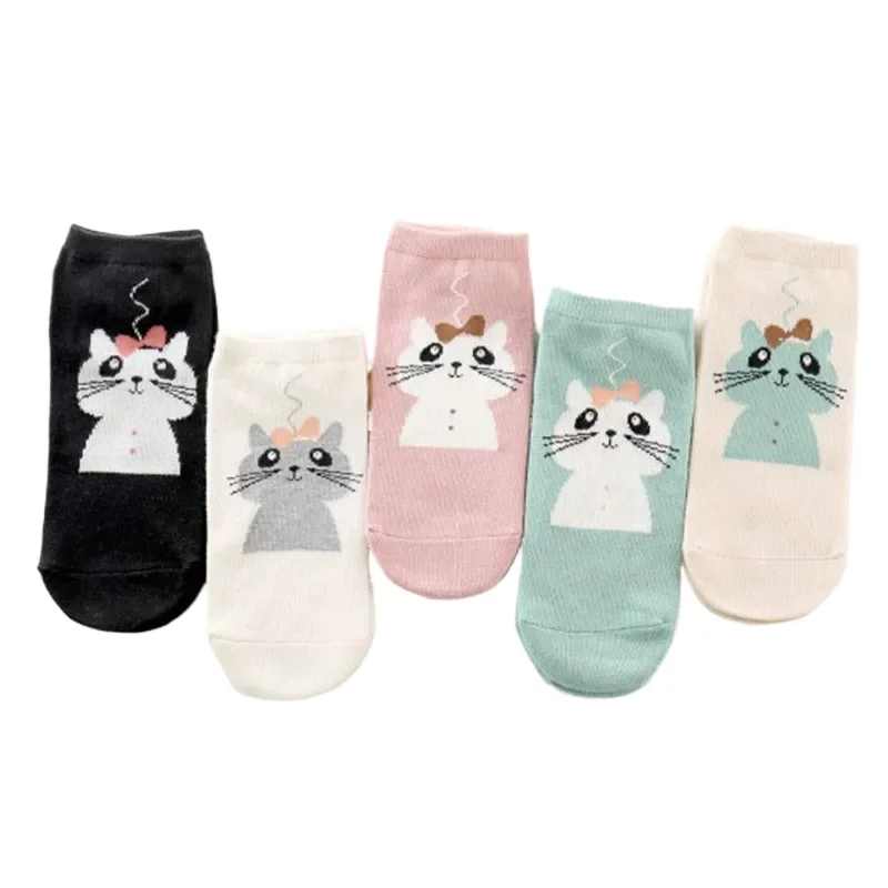 5 Pairs Knitted Cat Crew Socks for Women - Soft Breathable Ankle Socks ...