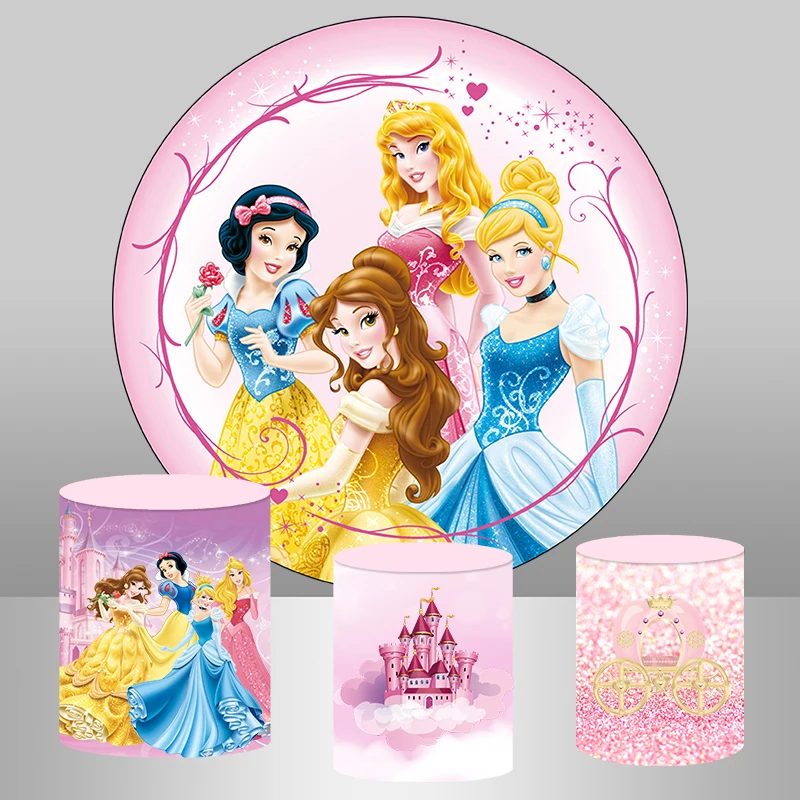 Disney Princess Cinderella Belle Snow White Aurora Round Backdrop Pink ...