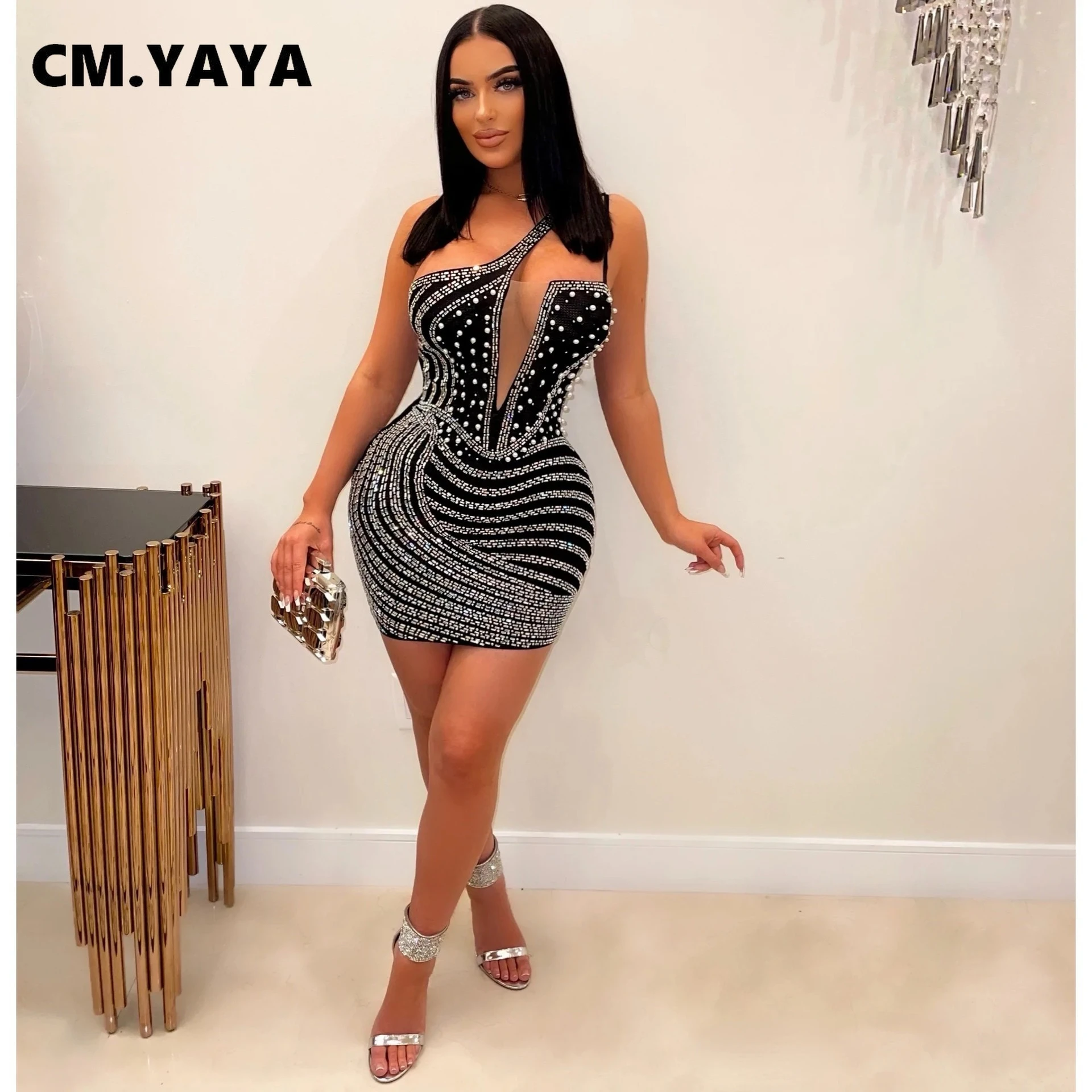 Cm.yaya Women Diamonds Hot Rhinestones Crystal One Shoulder Skew Neck Bodycon Midi Dress Sexy ...