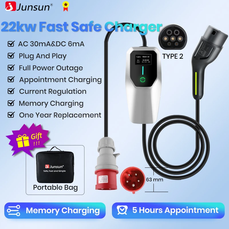 Junsun-cargador EV tipo 2 para vehículo eléctrico, caja de pared de 22kW, 11kW, 7kW, cargador ...