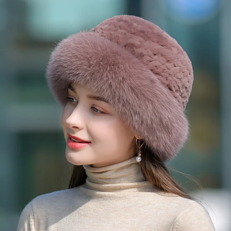 Winter Women's Rex Rabbit Fur Hats Rex Rabbit Fur Striped Head Top ...