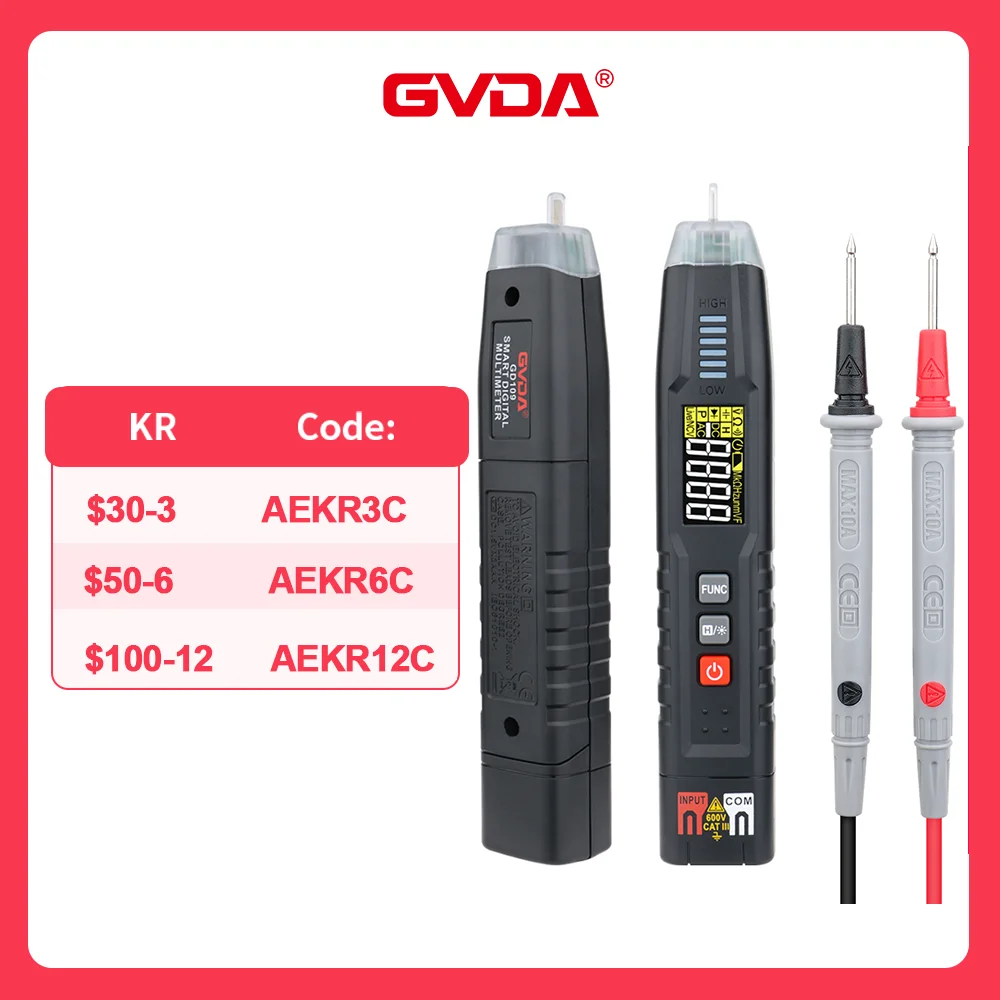 GVDA-스마트 펜 타입 멀티미터 디지털 멀티 미터 실제 RMS 자동 범위 DC AC 전압계 전압계, NCV 위상 시퀀스 테스터