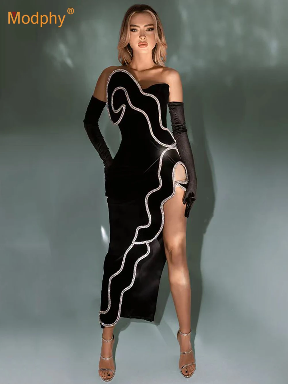 Modphy-Asymmetrical-Wavy-Hem-Strapless-Tight-Diamond-Backless-Design ...