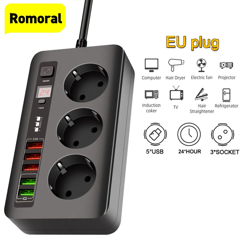 Power Strip Multiprise With 5 USB Charger Hub 3 AC Outlet Socket EU ...