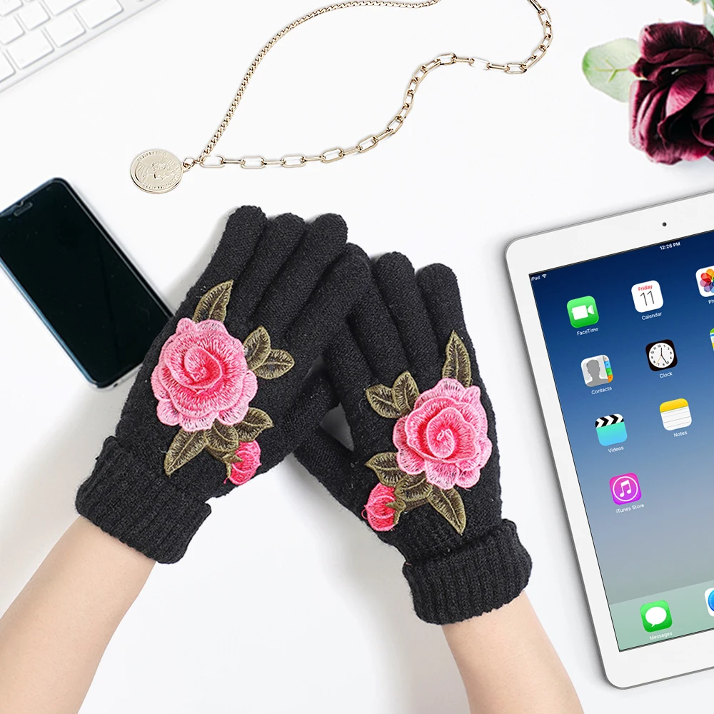Embroidered-flower-Knitted-Gloves-Fashion-Soft-Thickened-All-Finger ...