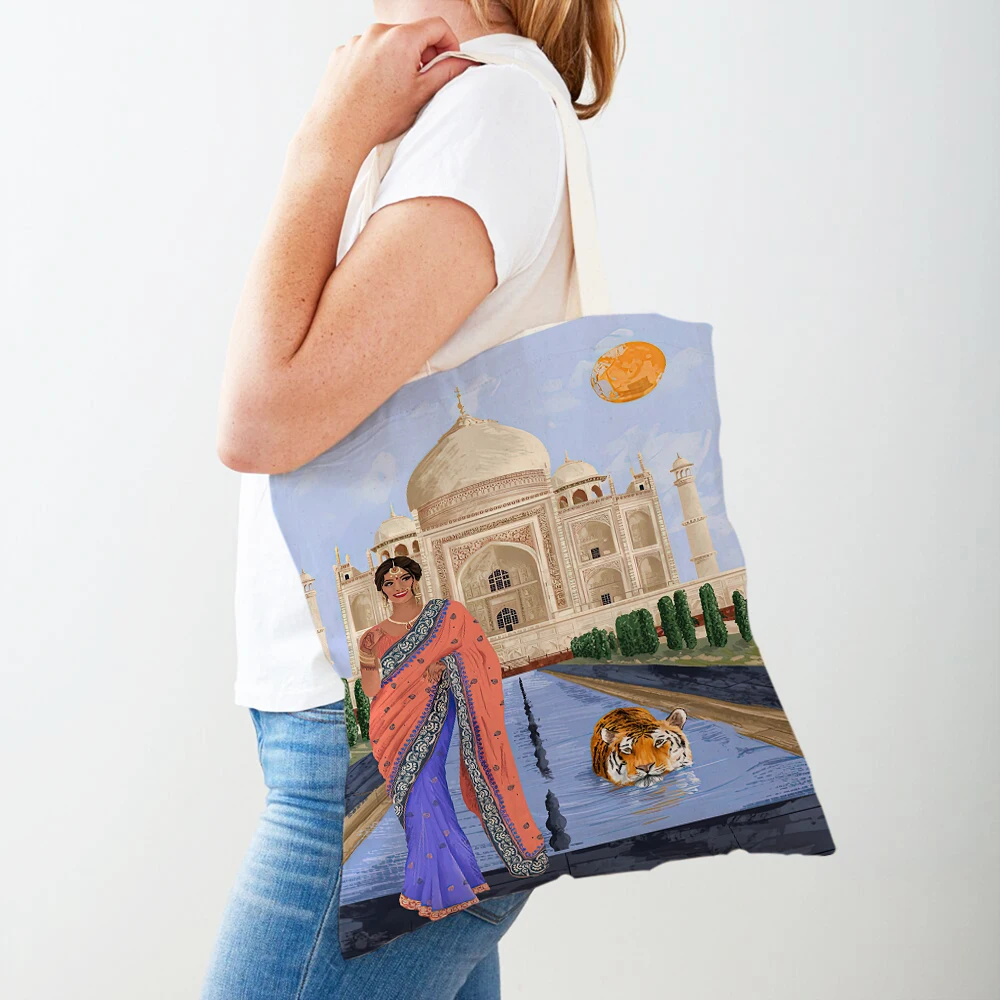 Abstract-Girl-Taj-Mahal-Tiger-Sea-Beach-Women-Shopping-Bags-Double ...