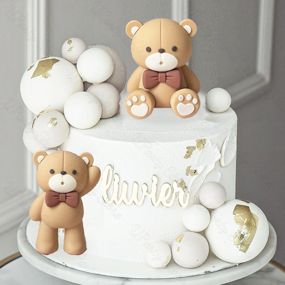 1-Set-Brown-Bear-Cake-Toppers-2-4cm-White-Balls-Boho-Teddy-Bear-Cake ...