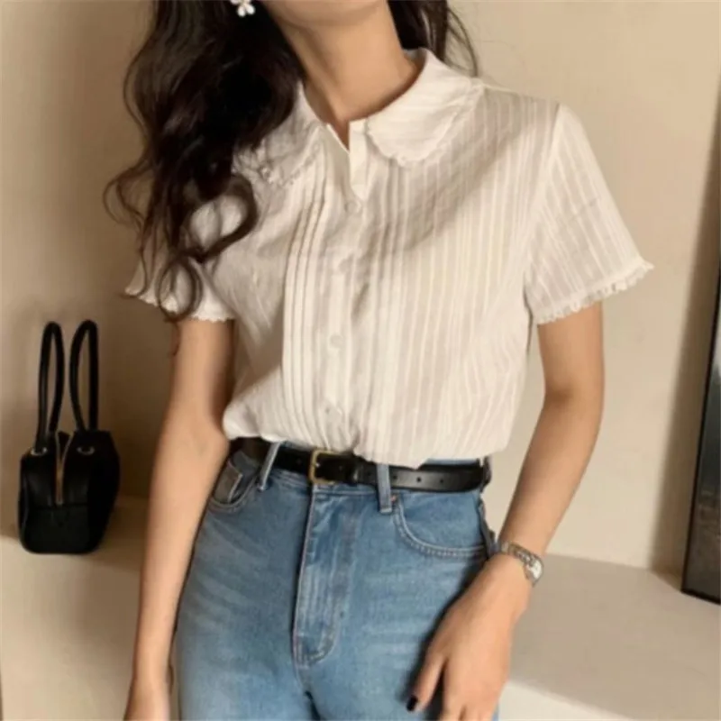 Women-s-Summer-White-Short-Sleeve-Shirt-Elegant-Turn-Collar-Slim-Shirts ...