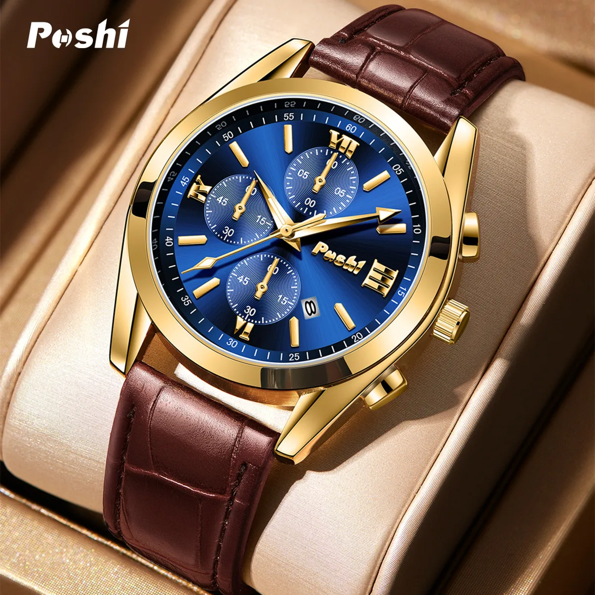 POSHI New Fashion Mens Watches Quartz Movement Watch Luxury Leather ...