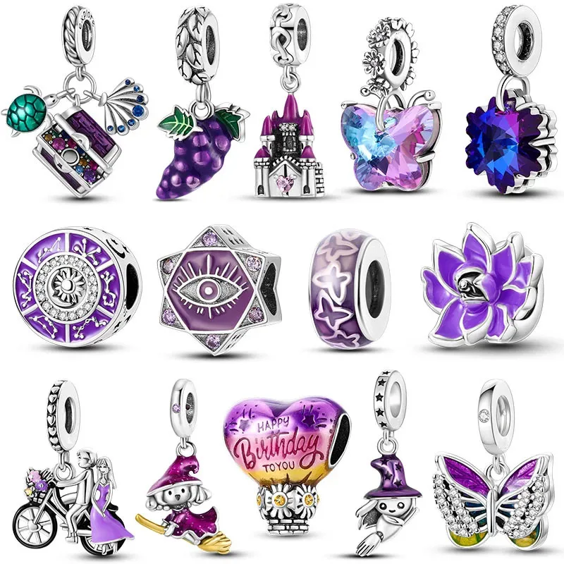 Silver Plated Purple Charms Flower Butterfly Dangle Charm Beads Fit ...