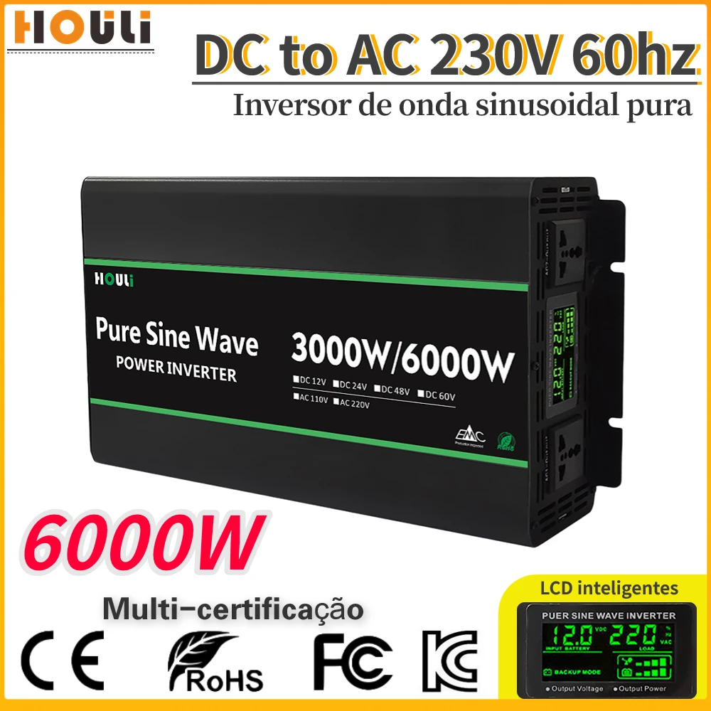 6000w Onda Senoidal Pura Inversor De Potência Do Carro Universal Soquete 12v A 220v Conversor De ...