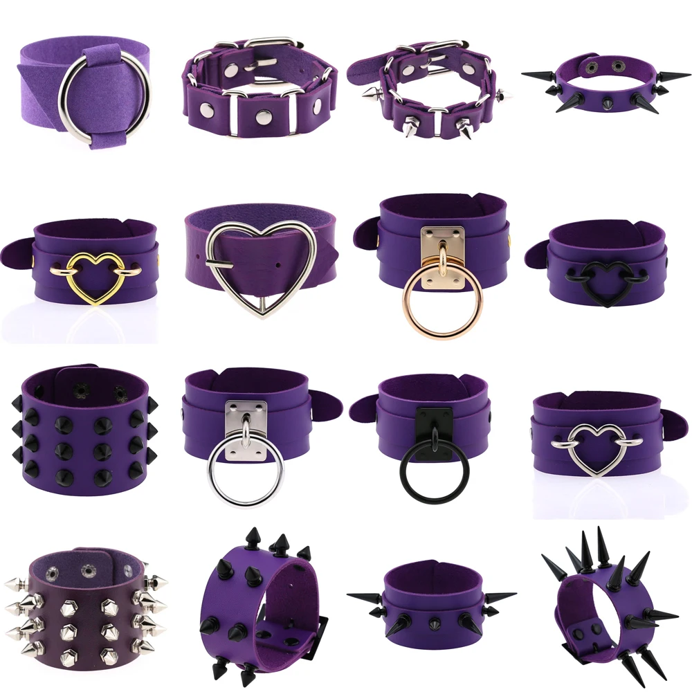 Purple-Goth-Bracelets-For-Women-Punk-Boho-Emo-Spike-Rivets-PU-Leather ...