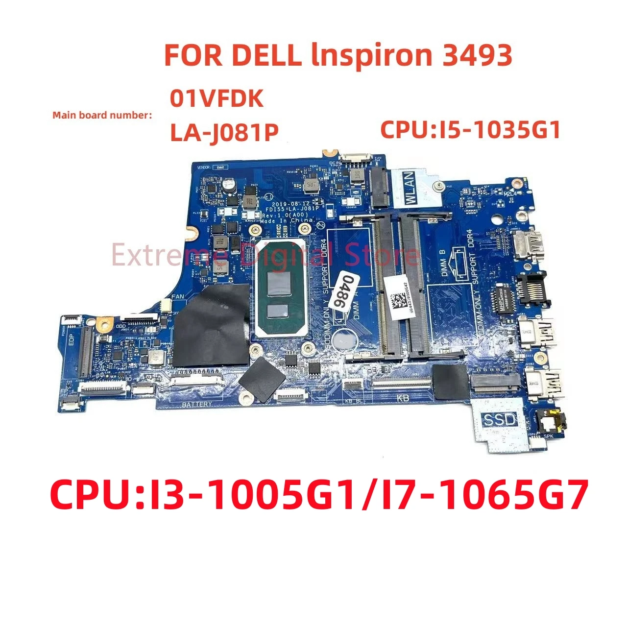 Main board LA-J081P is applicable FOR DELL lnspiron 3493 CPU: I3/I5\I7 ...