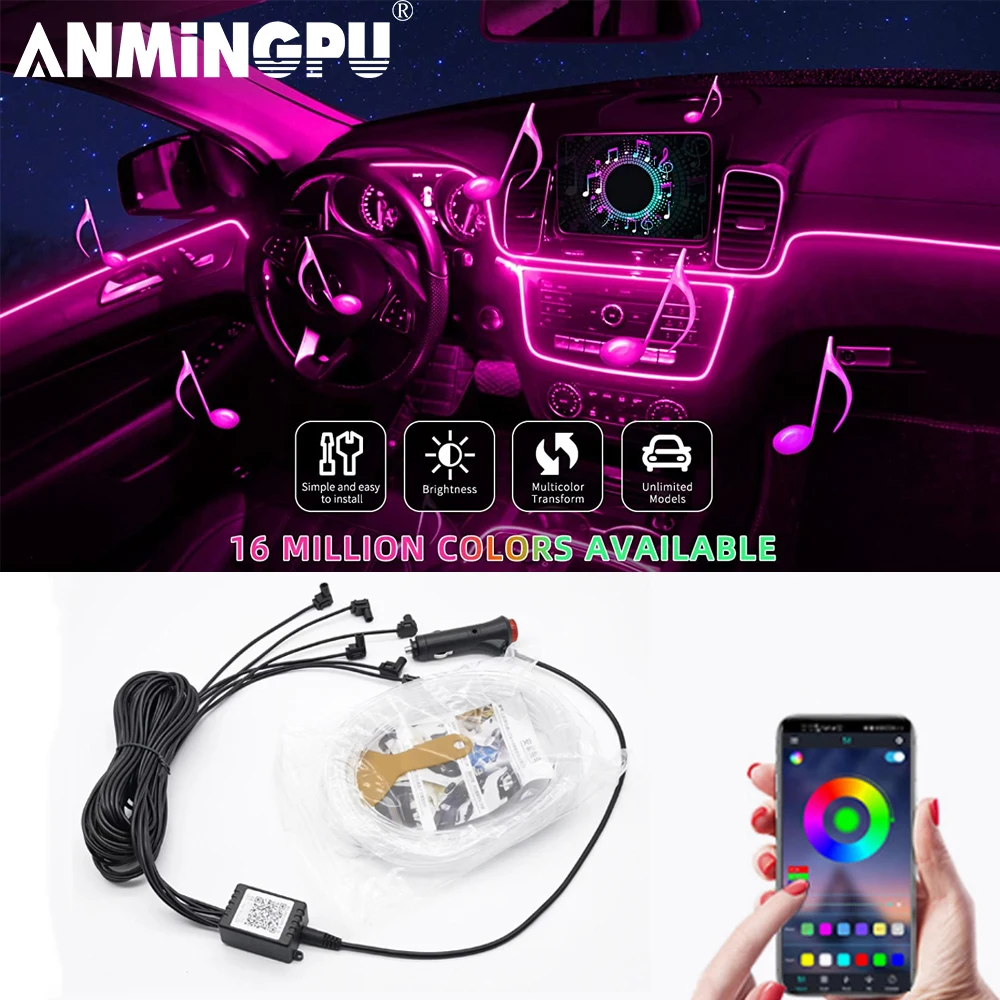 Anmingpu 자동차 Led 엠비언트 인테리어 조명 앱 컨트롤 자동차 6in1 Rgb 네온 광섬유 무드등 스트립 조명 데코레이션 램프 앱 제어 Aliexpress
