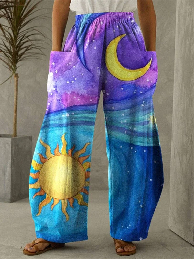 Galaxy Moon Stars Full Length Wide Leg Pants Printed Thin Hipster ...