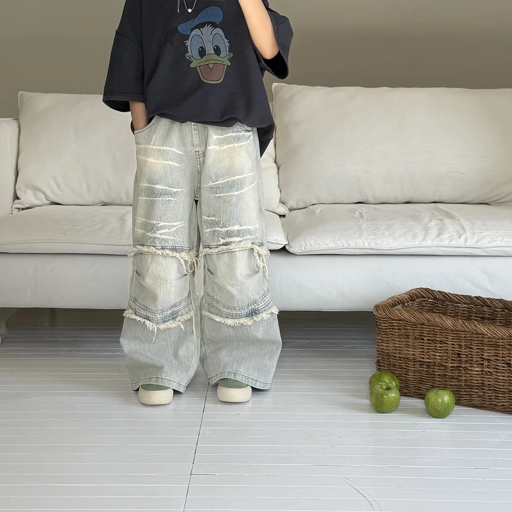Children Denim Pants 2025 Spring Boys Korean Loose Burr Design Straight ...