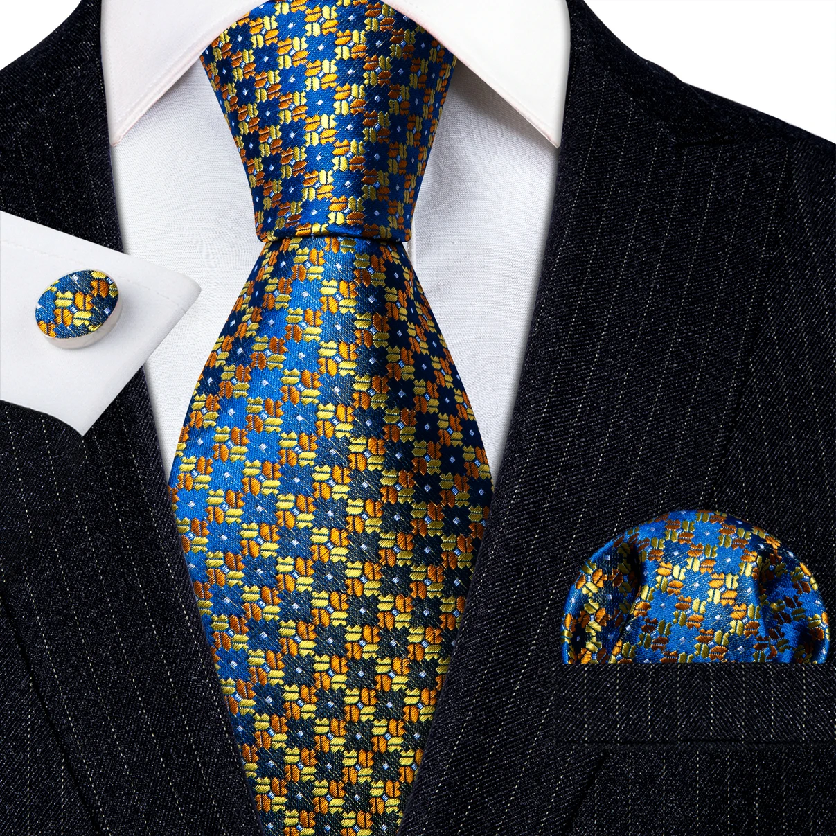 Designer-Blue-Gold-Plaid-Silk-Tie-for-Mens-Necktie-Pocket-Square ...