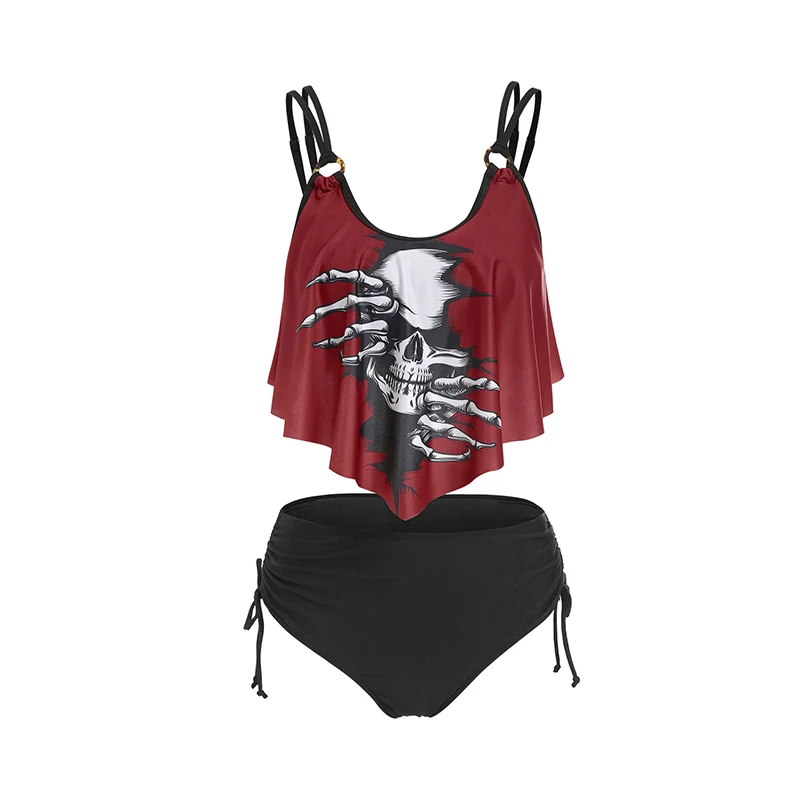 Gothic-Skull-Print-Cinched-Strappy-Women-Tankini-Set-High-Waist-Padded ...